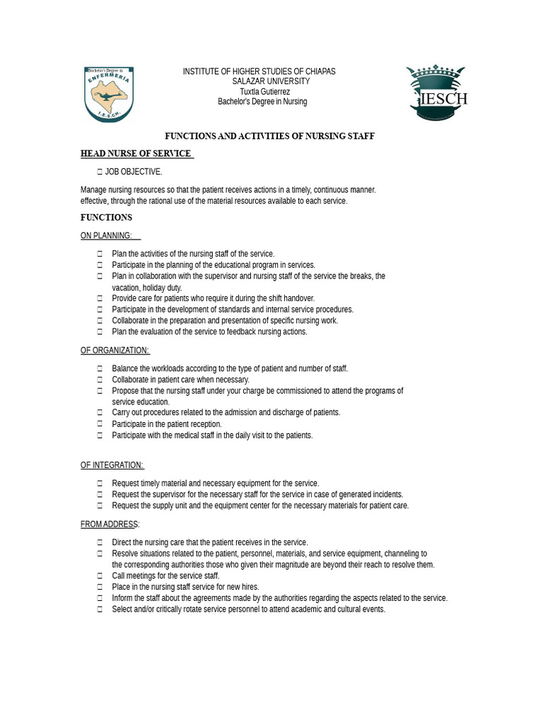 Functions and Activities of Nursing Staff | PDF | Nursing | Patient