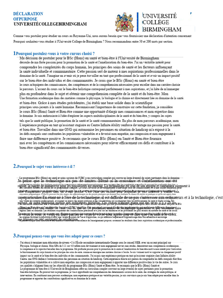 Déclaration d'intention pour BSc Santé | PDF | Promotion de la santé ...