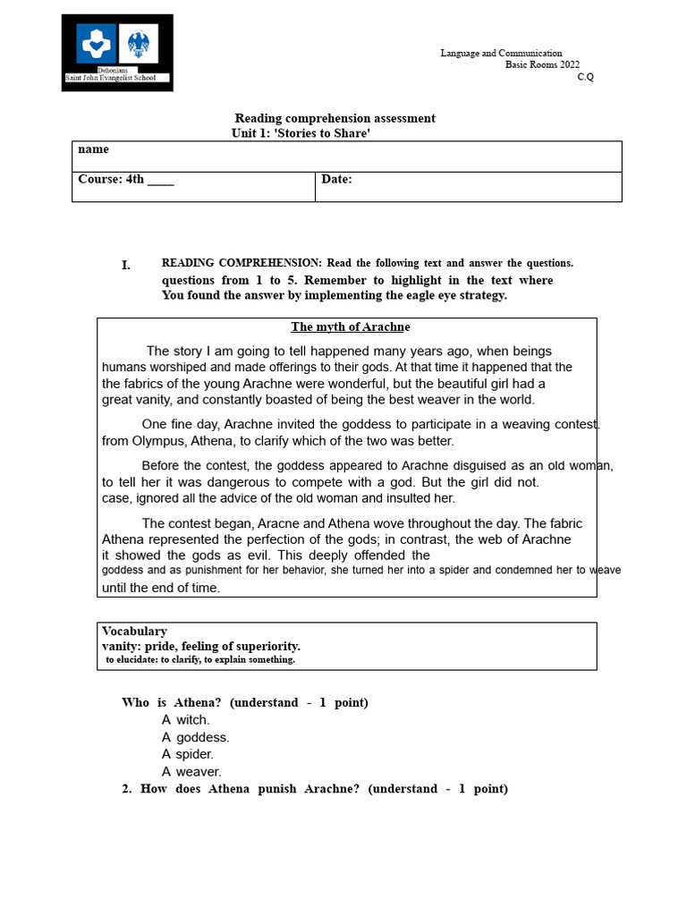 Reading Comprehension Assessment - Myths Unit 1 LYC 4th Grade | PDF | Athena