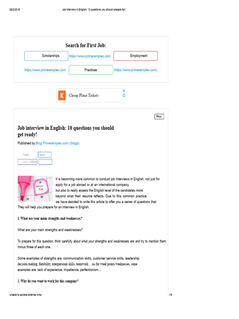 Prepare for English Job Interviews: 10 Questions | PDF | Job Interview ...