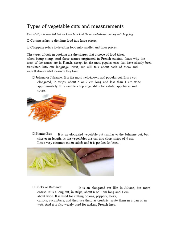 Types of Vegetable Cuts and Measurements | PDF | Foods | Cuisine