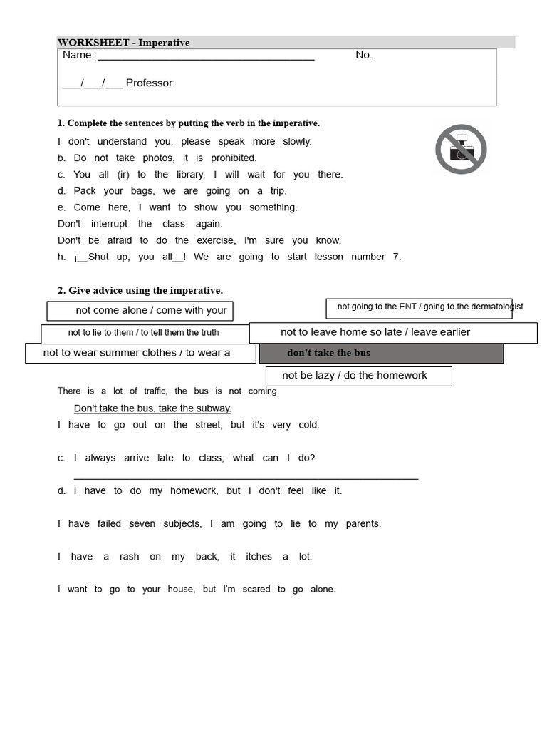 Imperative Verb Worksheet | PDF