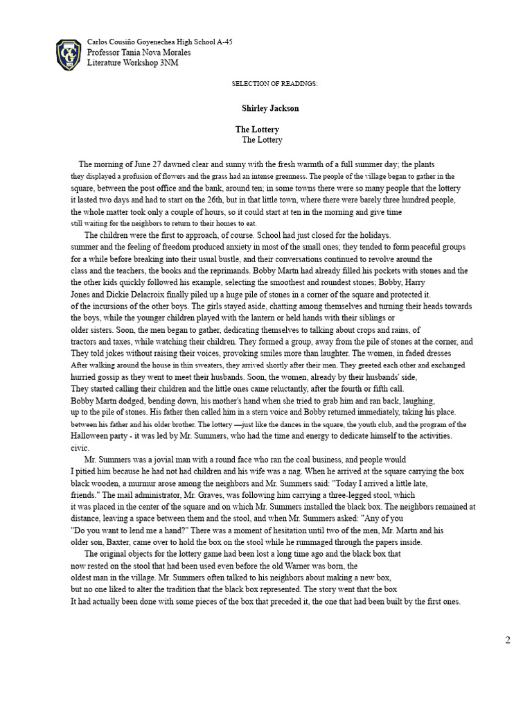 The Lottery - Shirley Jackson | PDF