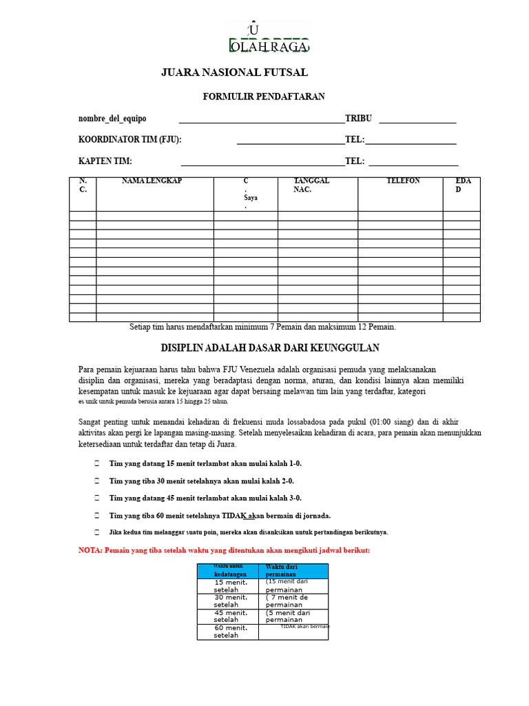 Formulir Pendaftaran Futsal 1 | PDF