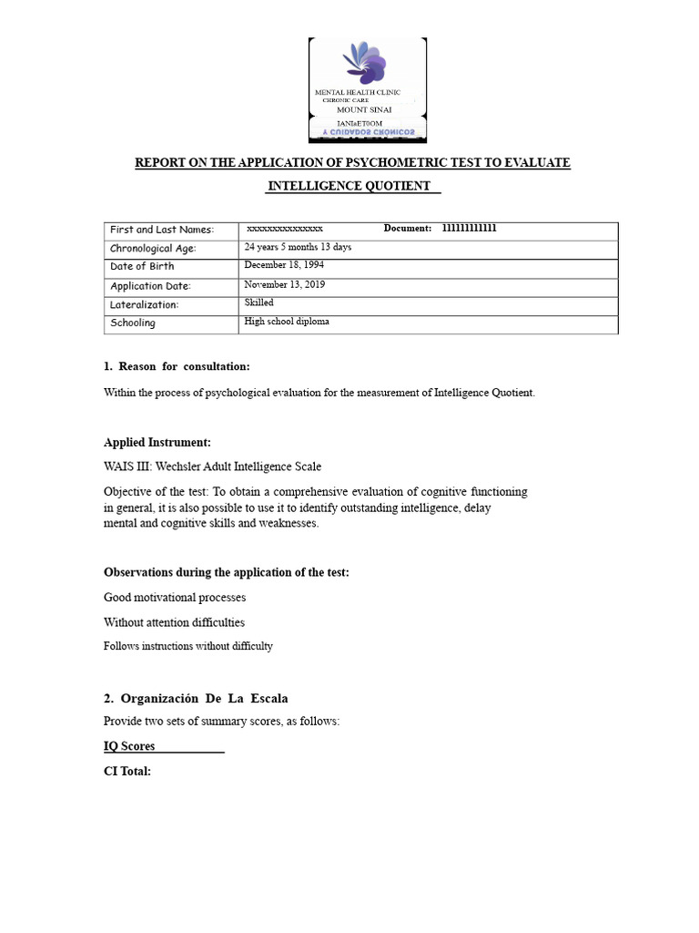 Example Report Wais III | PDF | Wechsler Adult Intelligence Scale ...