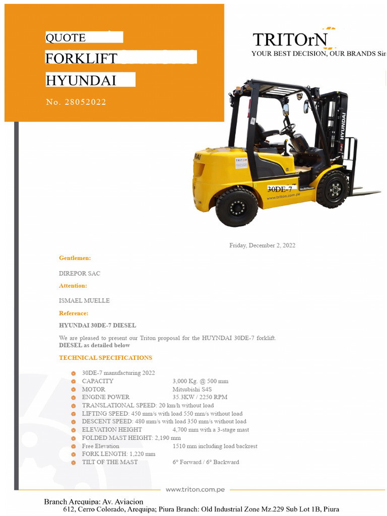 Hyundai 30de-7 Diesel Proposal Direpor Sac-1 | PDF | Forklift ...