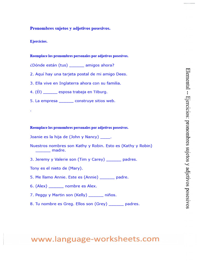 Ejercicios de Pronombres Sujetos Elementales y Adjetivos Posesivos | PDF
