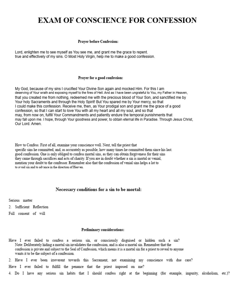 Examination of Conscience For Confession For Adults (Sacrament of ...
