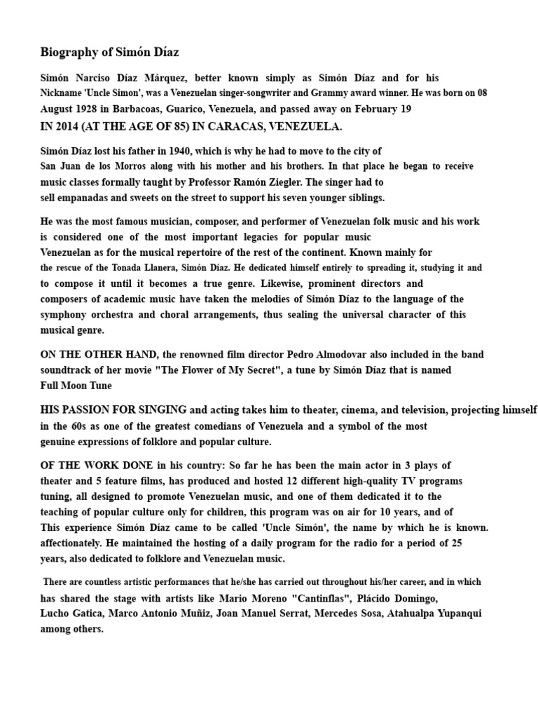 Biography of Simón Díaz | PDF | Musicology | Performing Arts