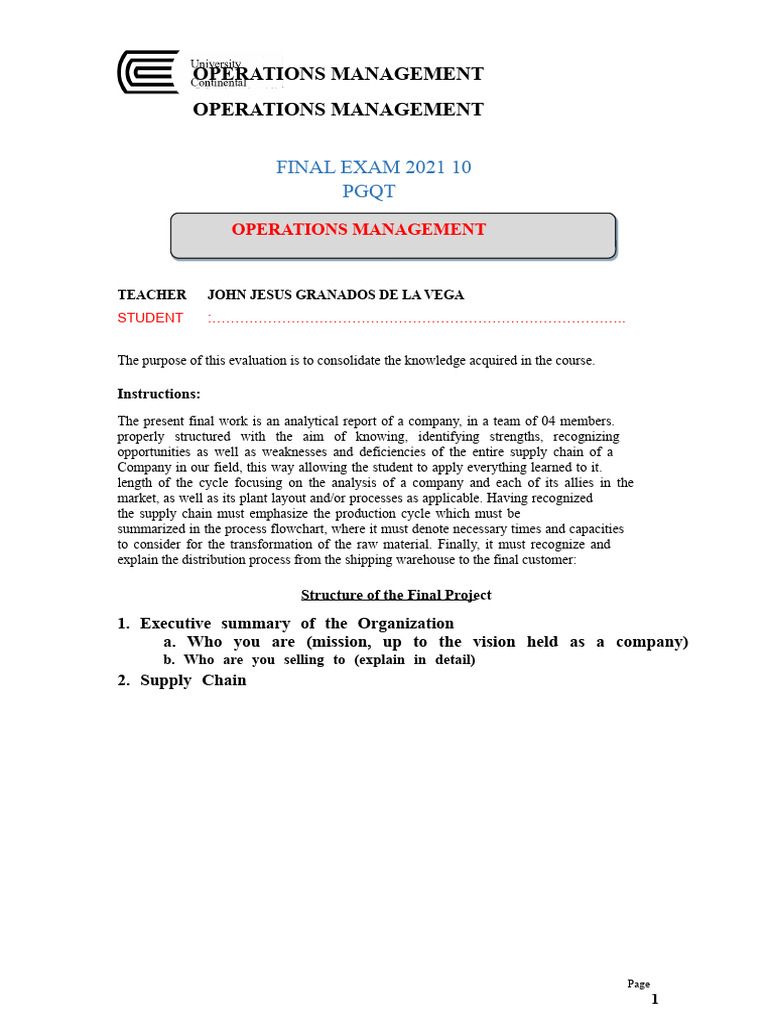 Final Exam Operations Management | PDF | Supply Chain