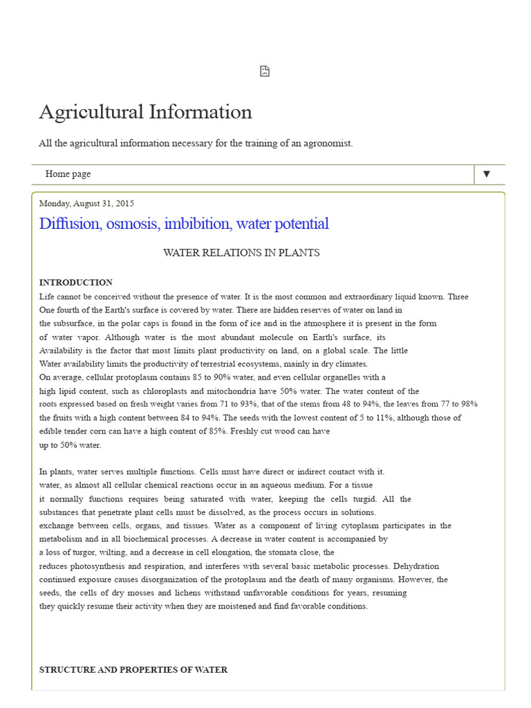 Agricultural Information - Diffusion, Osmosis, Imbibition, Water ...
