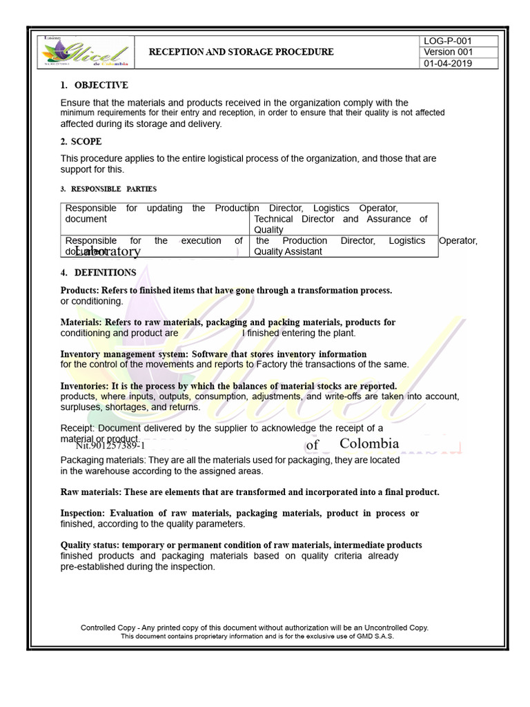Log-P-001 Receiving and Storage Procedure | PDF | Pallet | Dangerous Goods