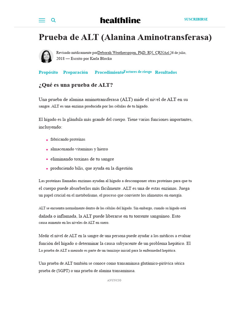 Prueba de ALT (Alanina Aminotransferasa) - Propósito, Procedimiento y ...