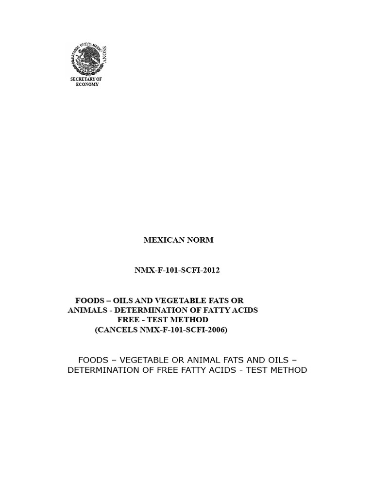NMX-F-101-SCFI-2012: Free Fatty Acids Test | PDF | Titration | Chemistry