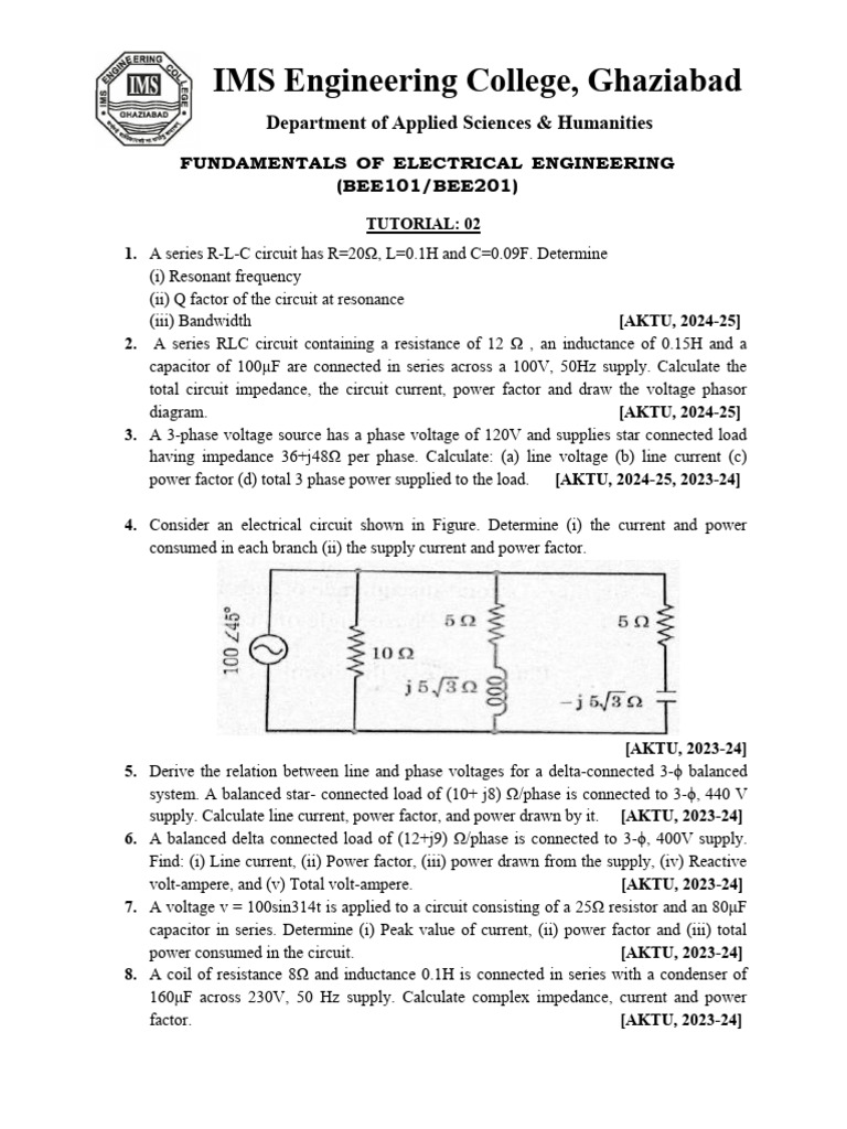 Tutorial-2 (Electrical Engg) | PDF | Electrical Impedance | Series And Parallel Circuits