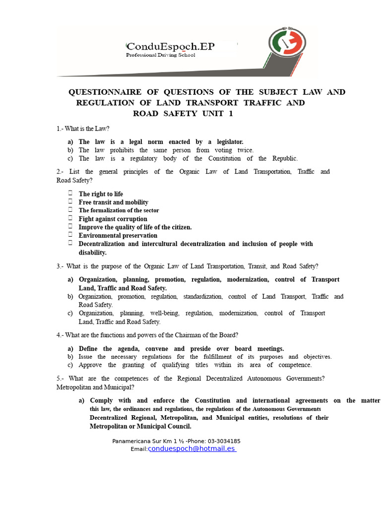 Questionnaire of Questions For The Subject Law and Regulation of Land ...