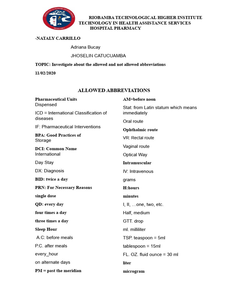 Allowed Abbreviations | PDF | Pharmaceutical Sciences | Drugs