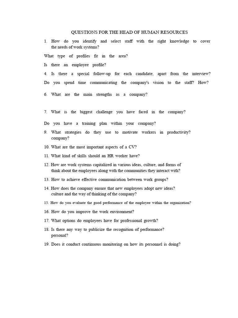 Questions For The Human Resources Manager | PDF