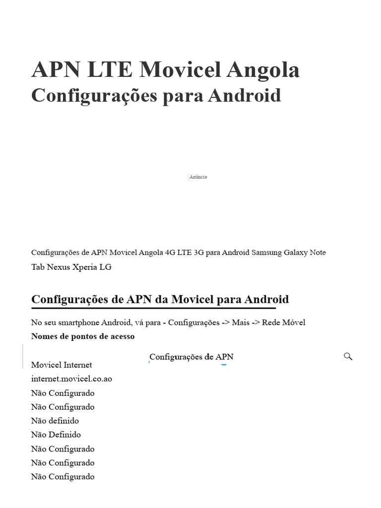 Configurações de APN Da Movicel Angola LTE para Android - Configurações ...