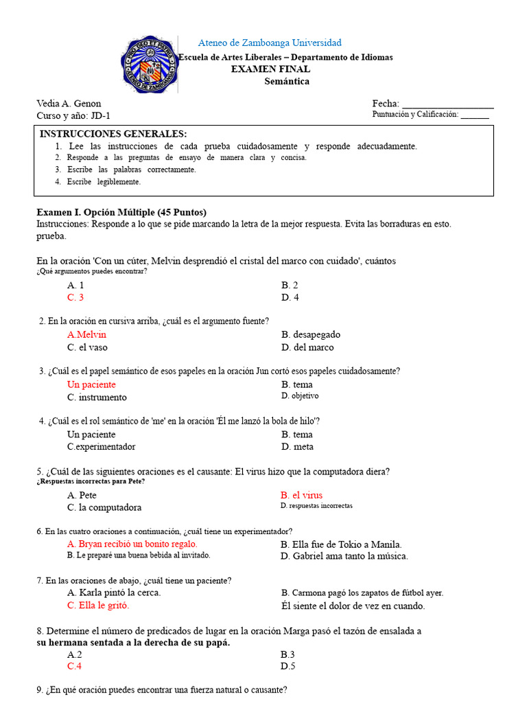 Examen Final de Semántica JD-1 | PDF | Palabra | Proposición
