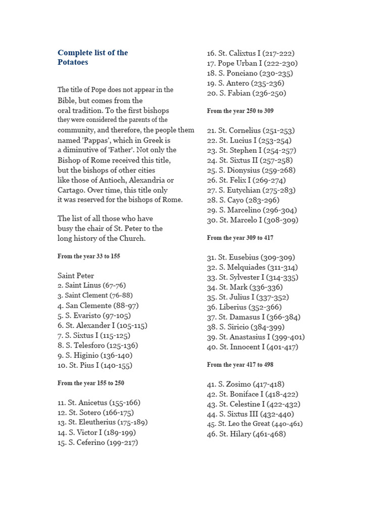Complete List of All Popes | PDF | Pope | Roman Catholic Clergy