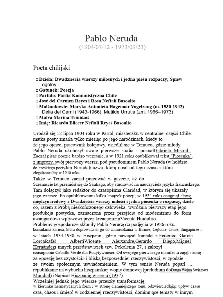 Rozprawa Pablo Neruda | PDF