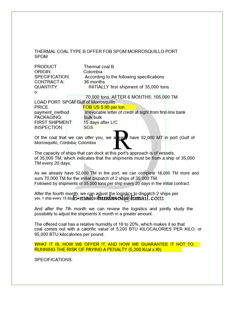 Thermal Coal Offer Type B Fob SPGM Puerto Morrosquillo SPGM | PDF ...
