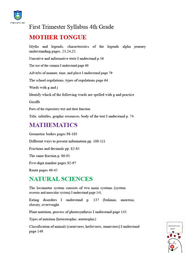 Curriculum For The 1st Trimester 4th Grade 23-24 | PDF