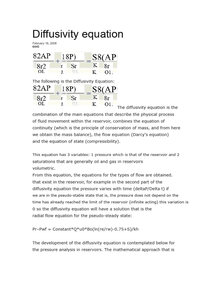 Diffusivity Equation | PDF | Equations | Fluid Dynamics