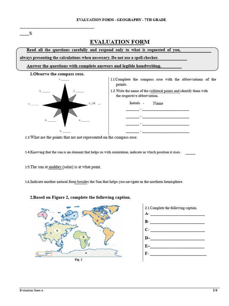 7th Grade Geography Evaluation Form | PDF | Equator | Latitude