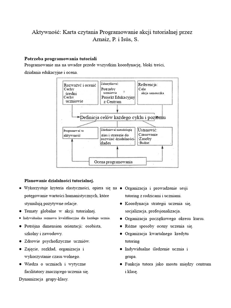 Karta Czytania Programowanie Działania Tutorialnego Autorstwa Arnaiza, P. I Isúsa, S. | PDF