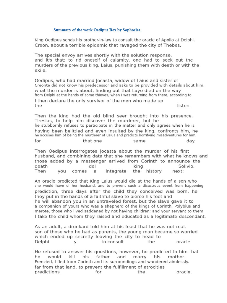 Summary of The Work Oedipus The King by Sophocles | PDF | Oedipus | Aeneas