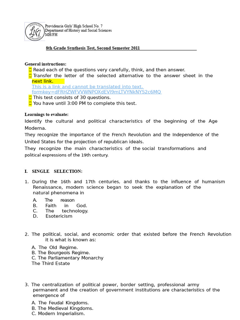 Modern Age Test | PDF | French Revolution | Industrial Revolution