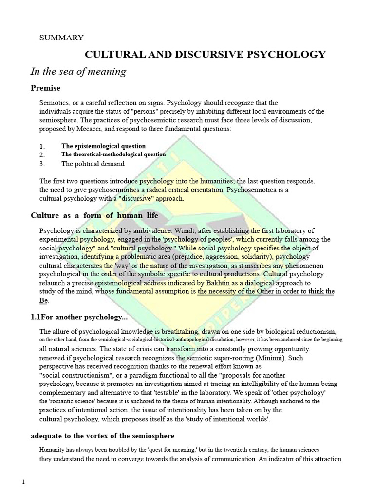 Summary of Discursive Cultural Psychology | PDF | Discourse | Mind