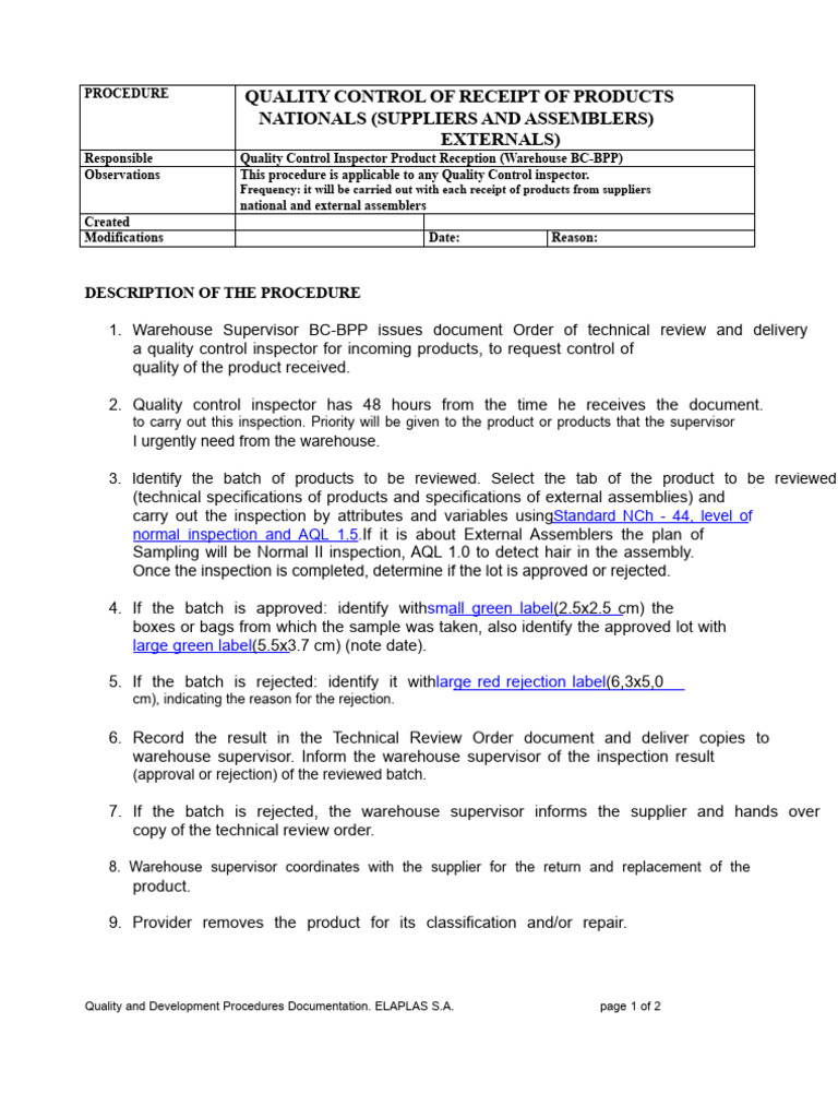 Quality Control Procedure For The Receipt of Domestic Products | PDF