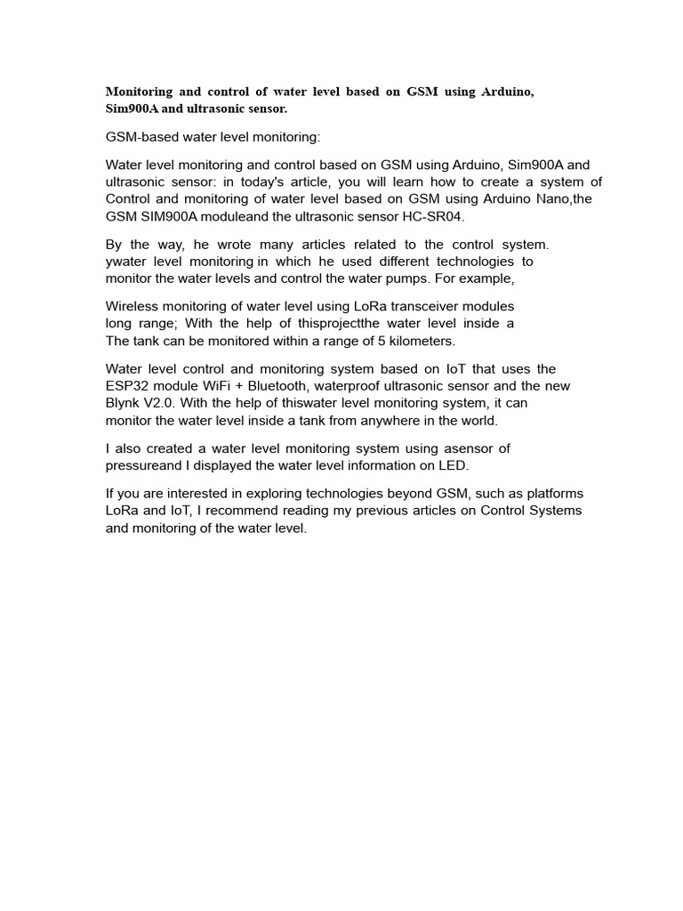 Water Level Monitoring and Control Based On GSM Using Arduino | PDF ...