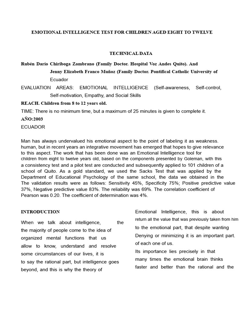 Emotional Intelligence Test For Children Ages 8 To 12 | PDF ...