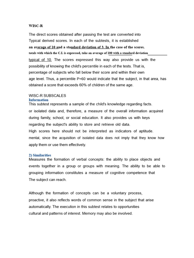 WISC-R Test Overview and Subtests | PDF | Memory | Knowledge