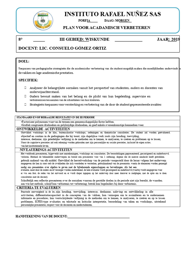 Verbeterplan Iiip. Wiskunde 8 Consuelo | PDF