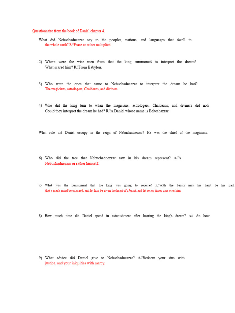 Questionnaire of The Book of Daniel Chapter 4 | PDF