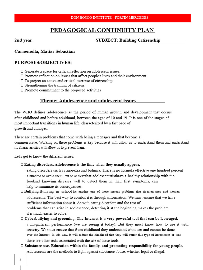 PEDAGOGICAL CONTINUITY PLAN CCD 2nd Year 1st Work 2nd Part | PDF | Adolescence | Eating Disorder