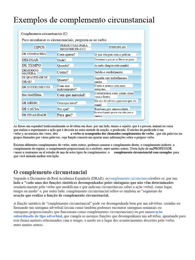 Exemplos de Complemento Circunstancial | PDF | Predicado (gramática) | Assunto (gramática)