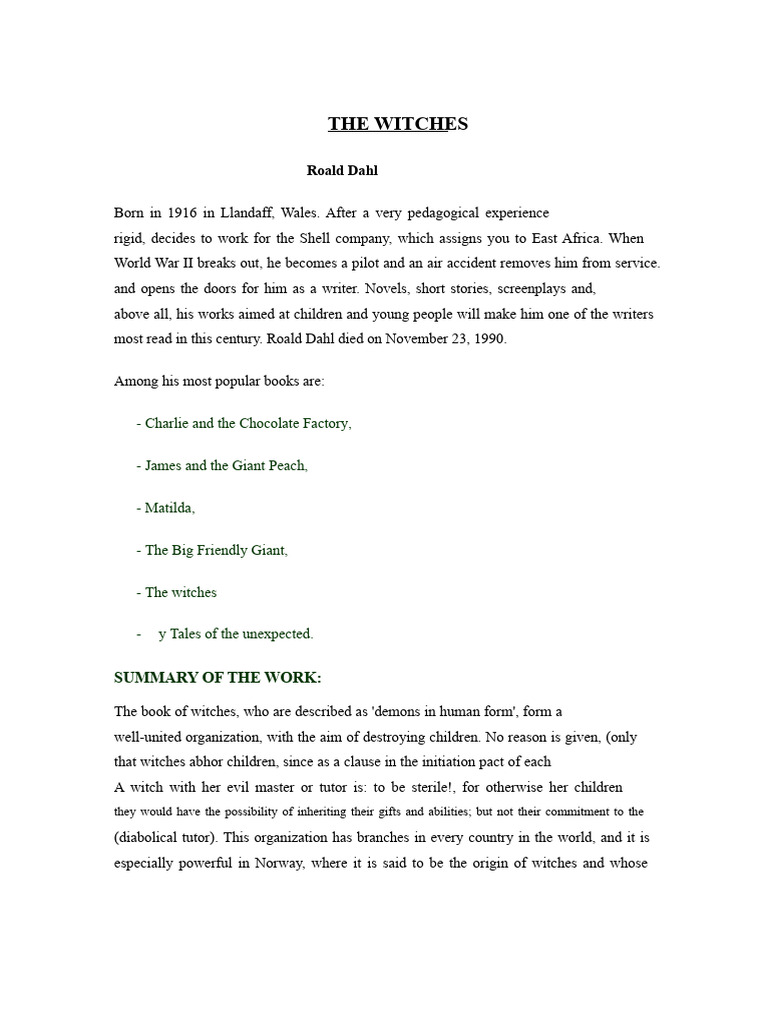 Summary of Roald Dahl's The Witches | PDF