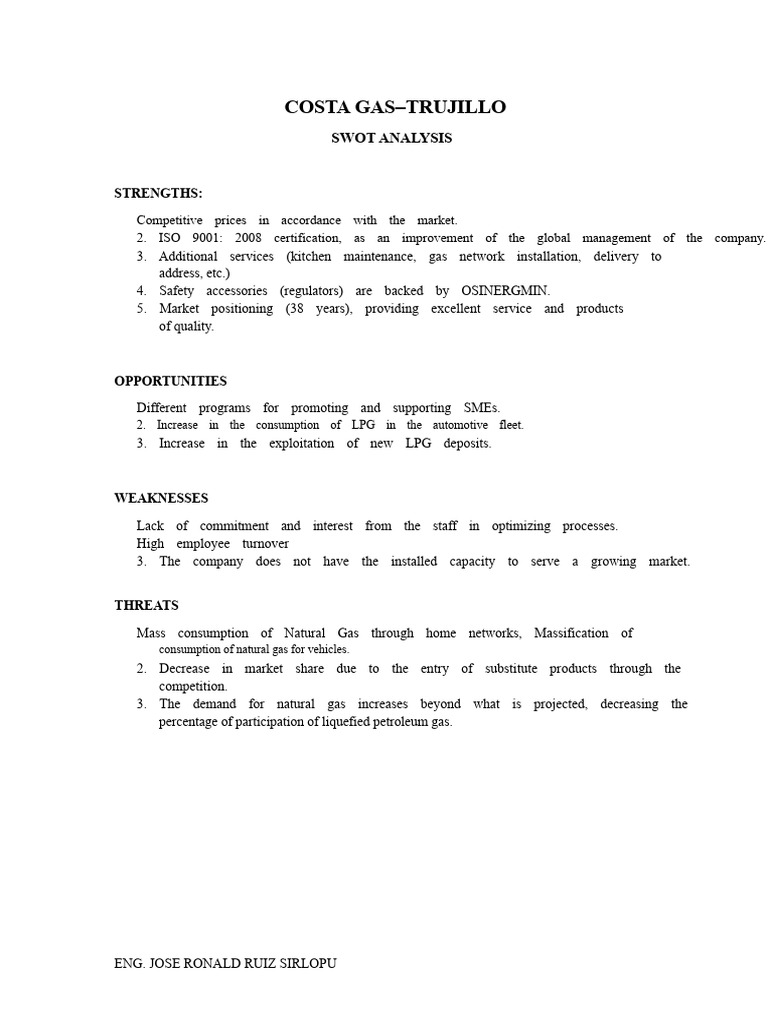 SWOT Analysis of Costa Gas Trujillo | PDF | Liquefied Petroleum Gas ...