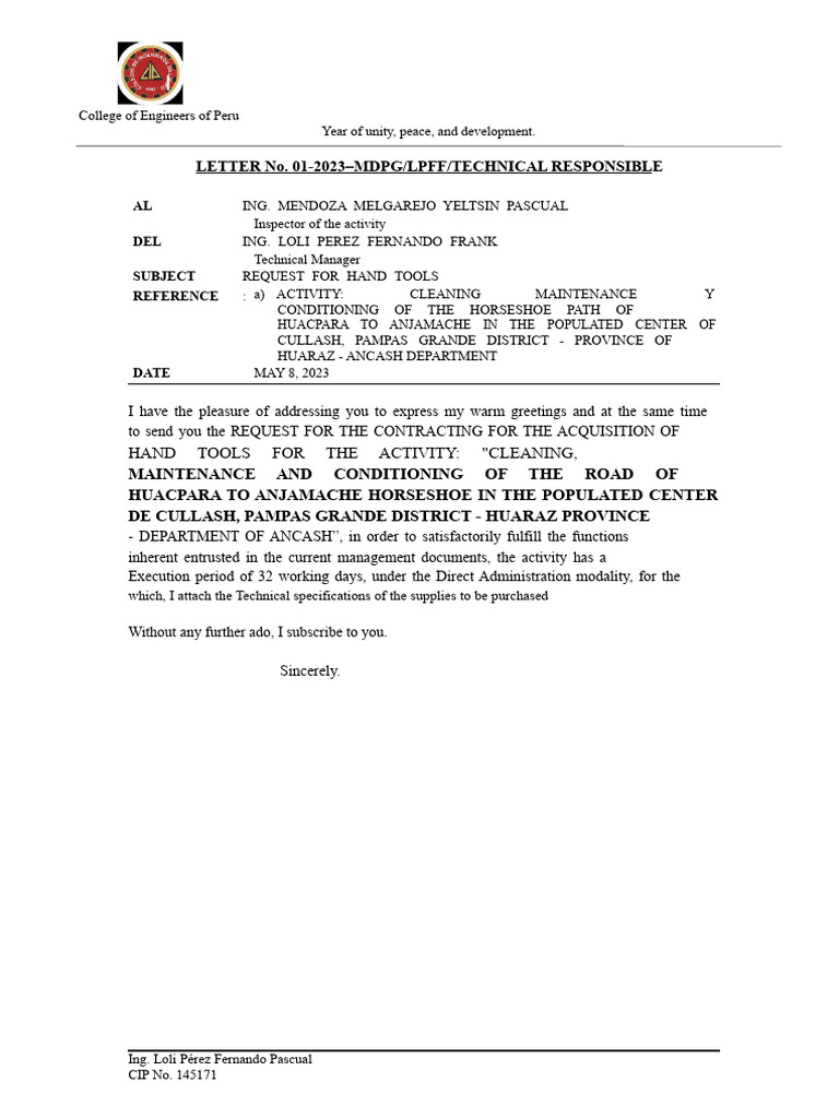 LETTER No. 01, REQUEST FOR HAND TOOLS | PDF