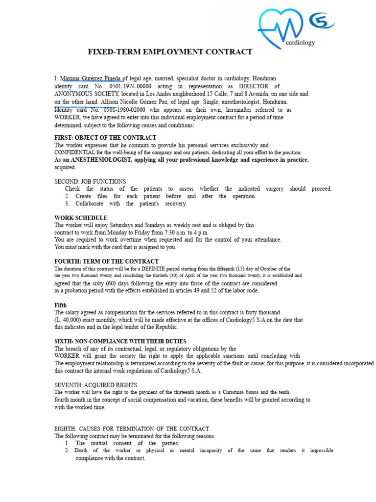 Fixed-Term Employment Contract With Exclusivity Honduras | PDF | Labour ...
