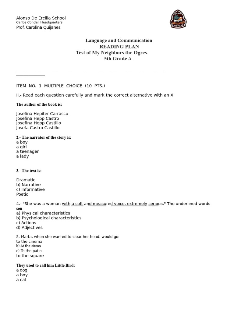 5th Grade Reading Plan: Neighbors Ogres | PDF