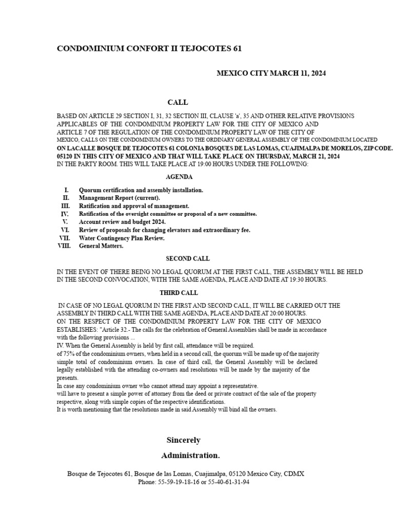 Call For Assembly | PDF | Condominium | Political Charters