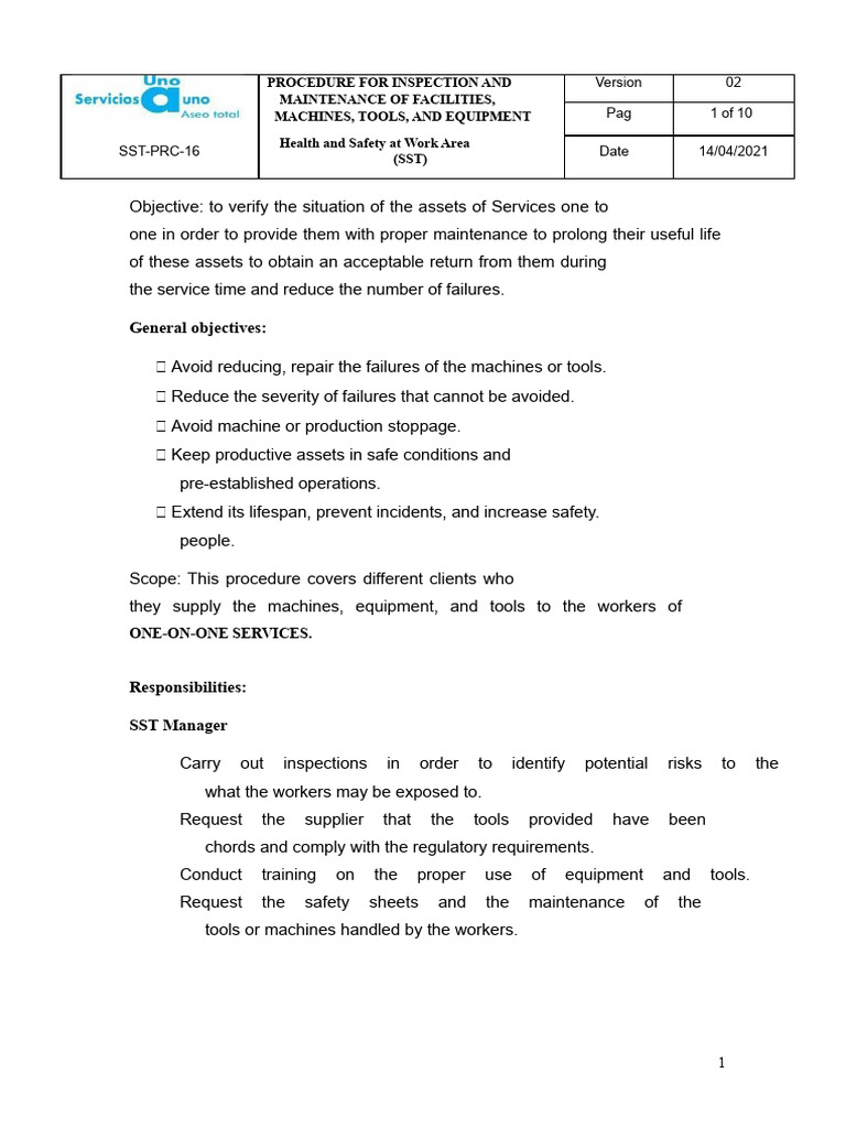 Procedure For The Inspection and Maintenance of Facilities, Machines ...