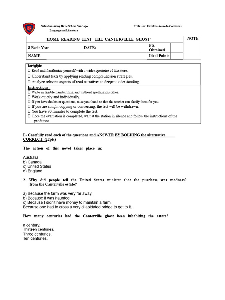 MAY TEST The Canterville Ghost | PDF | Ghosts | Reading Comprehension